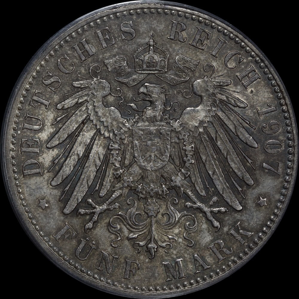 Bavaria 1907-D Silver 5 Marks PCGS AU55 | Sterling & Currency