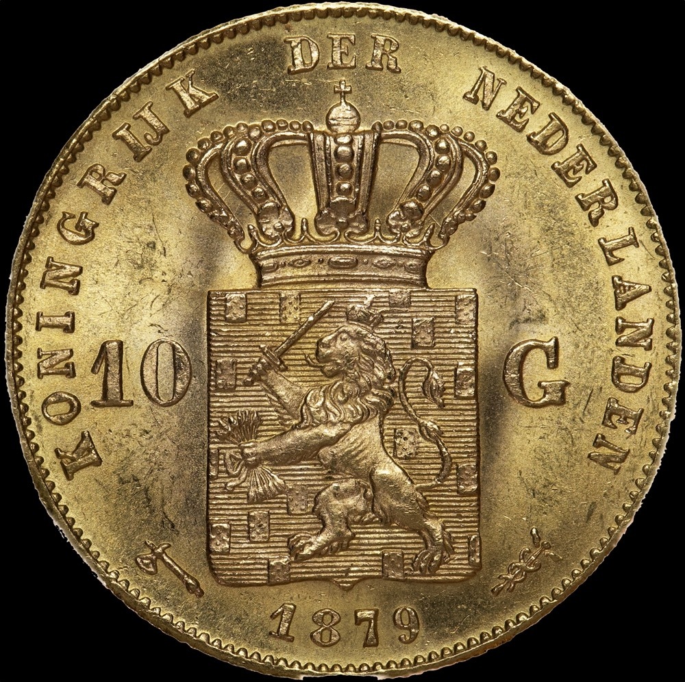 Netherlands 1879 Gold 10 Guilders Choice Unc | Sterling & Currency
