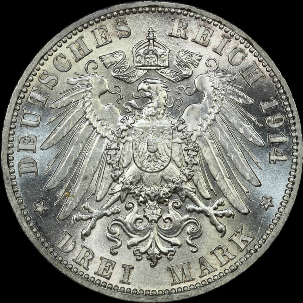 Baden 1914-G Silver 3 Marks PCGS M64 | Sterling & Currency