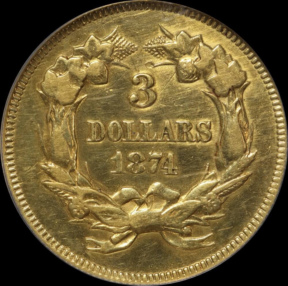 USA 1874 Gold 3 Dollars KM#84 ANACS AU50 Details | Sterling & Currency
