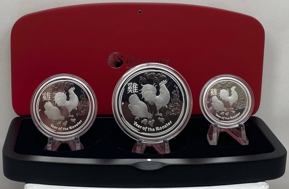 2017 Silver Lunar Rooster 3 Coin Proof Set | Sterling & Currency