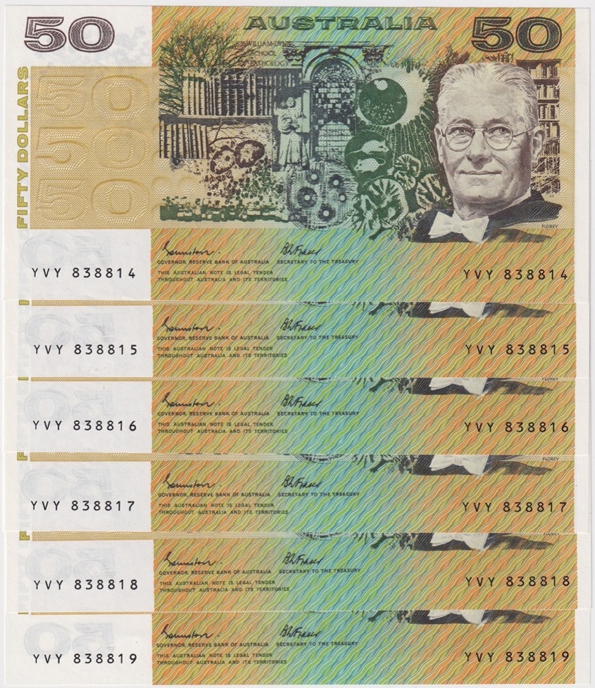 1985 $50 Note Run of 6 OCR-B Serials gEF | Sterling & Currency